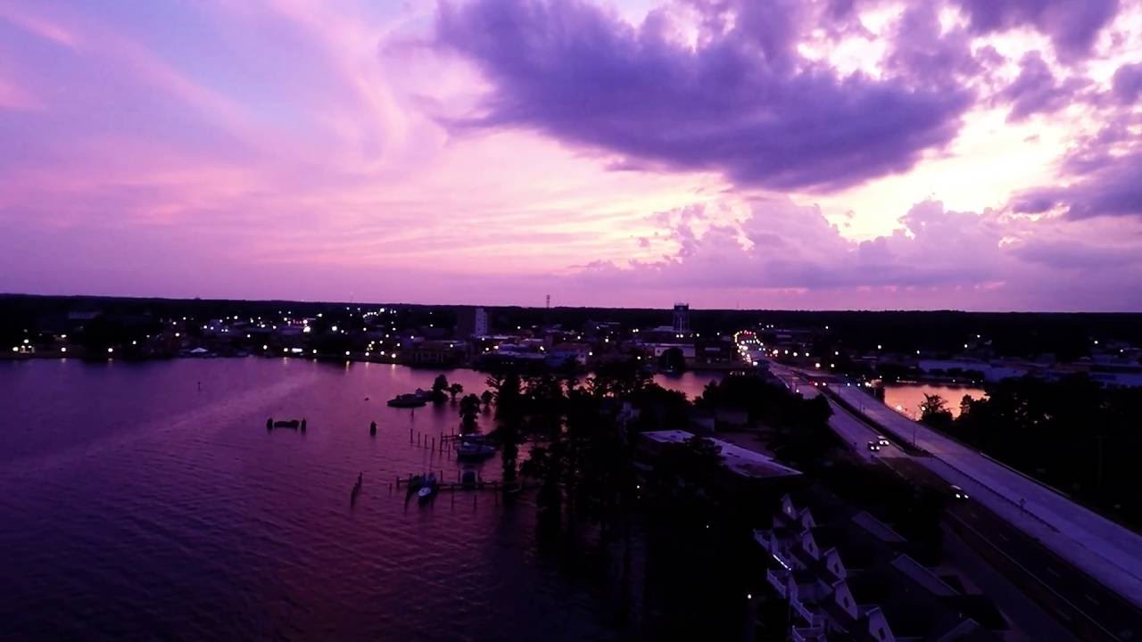 Aerial view of Elizabeth City, NC sunset over Pasquotank river using 3DR Solo - YouTube