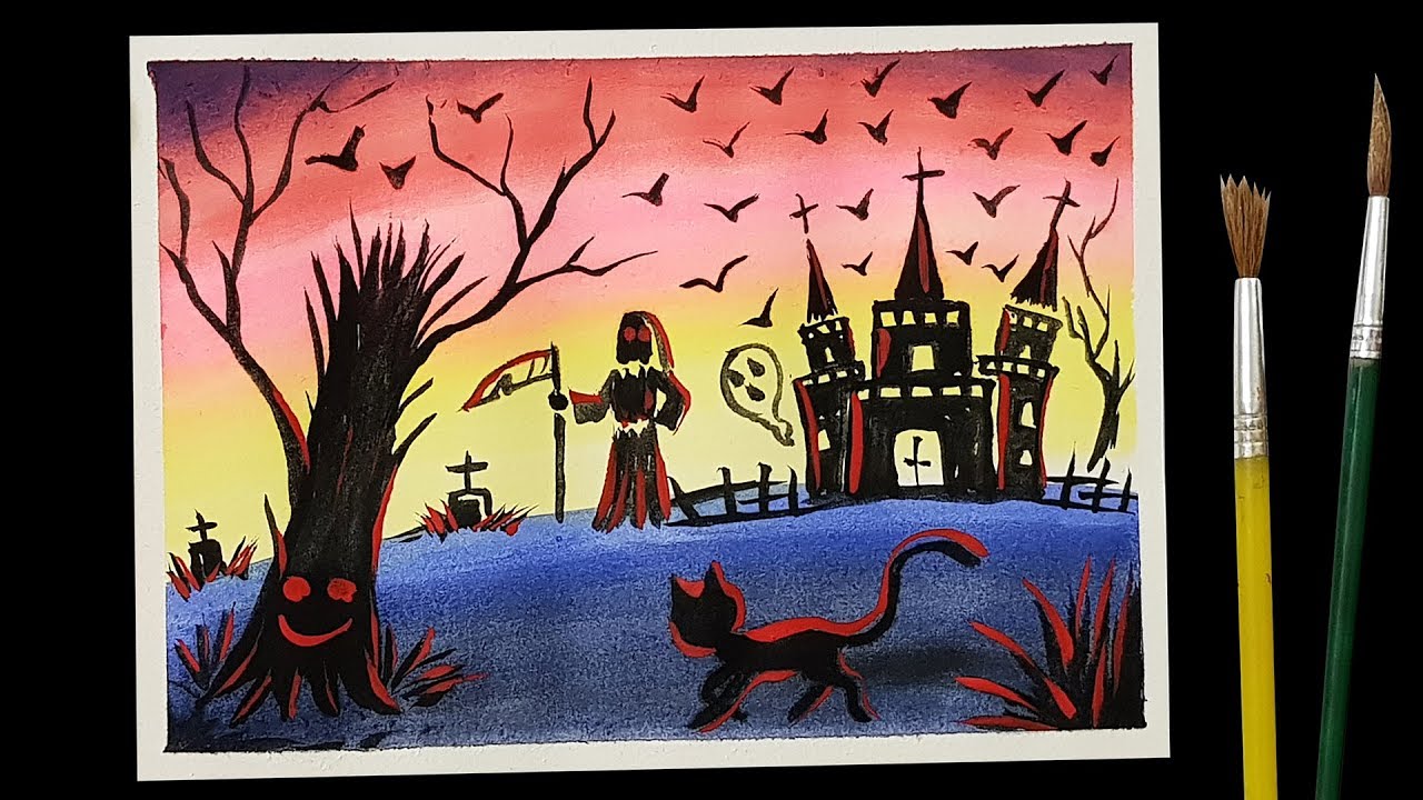 Halloween Night Drawing Watercolors || Art99 - YouTube