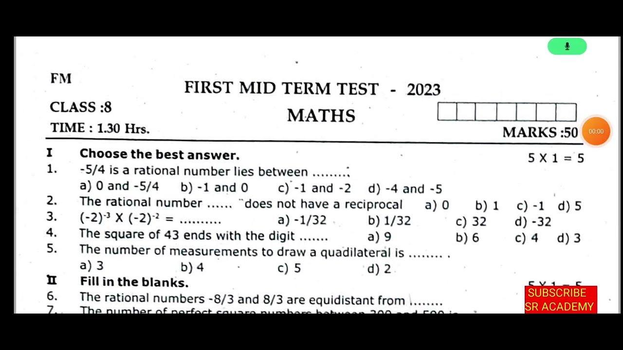 8th std maths 1St midterm test 2023 original question paper Sivagangai ...