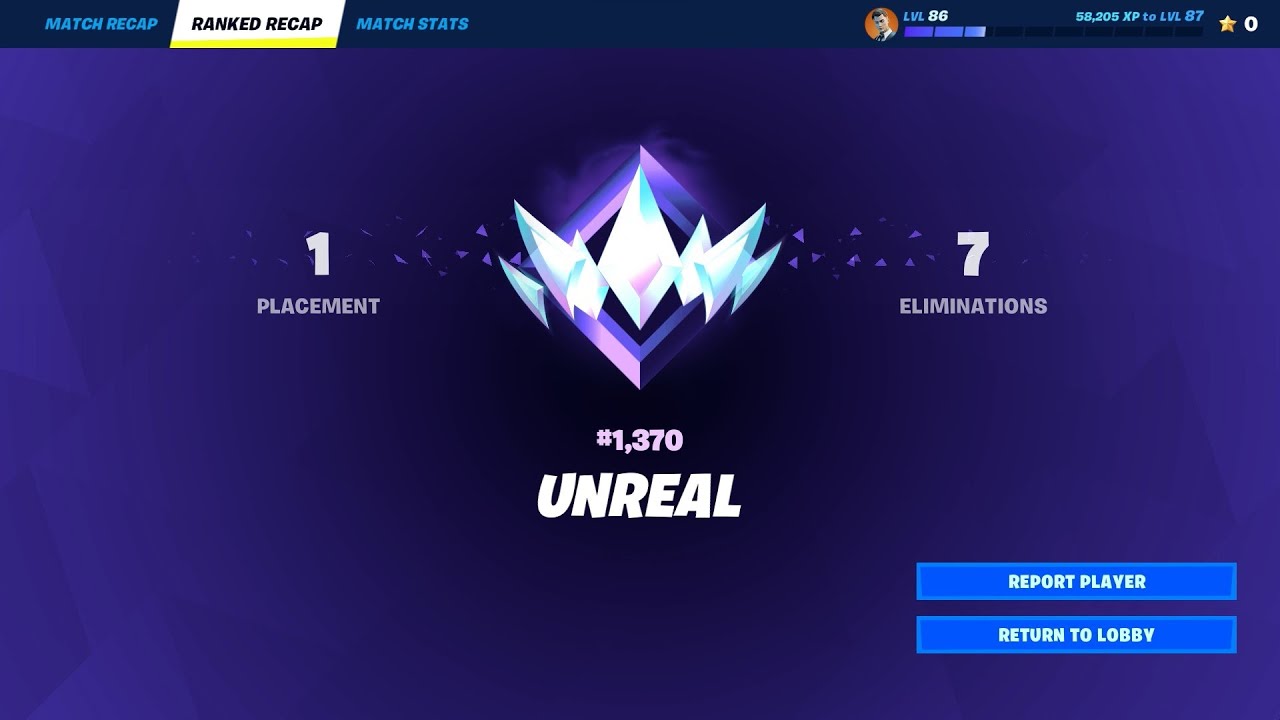 Getting the UNREAL rank in zero build og and an UNREAL ranked win ...