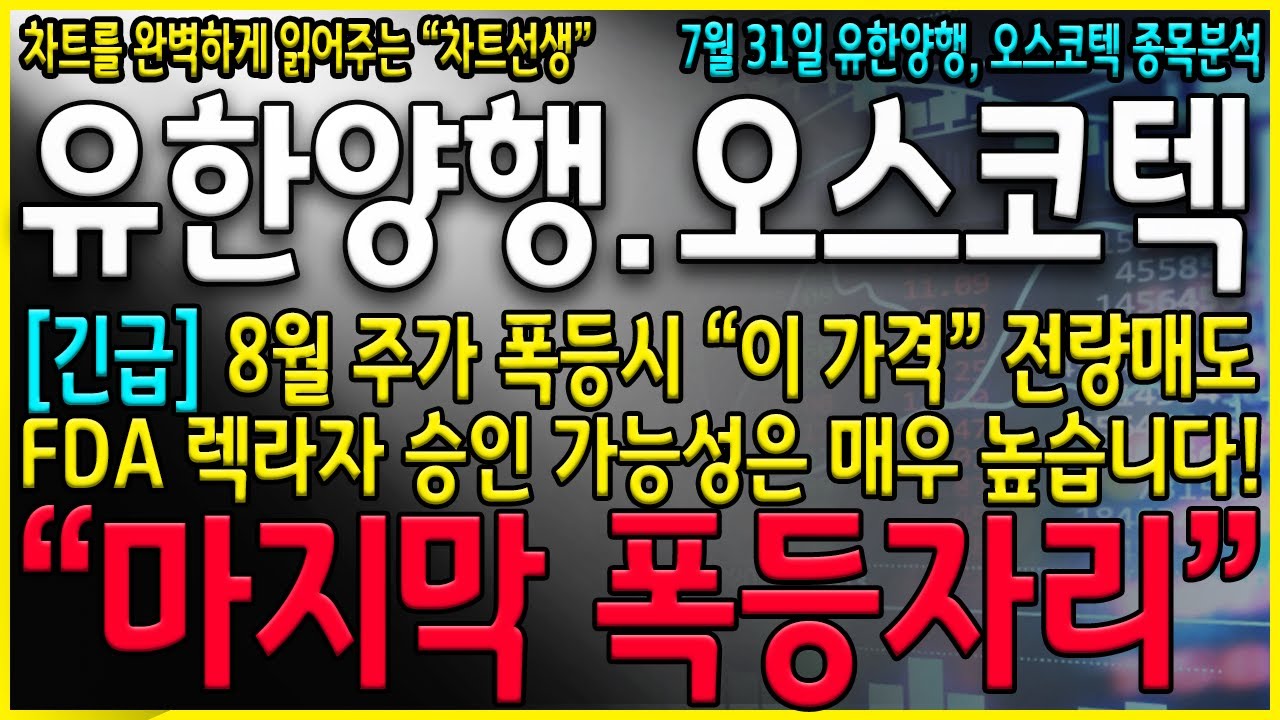 유한양행 오스코텍 주가 전망 8월 이 가격 대응 렉라자 Fda승인 가능성은 매우 높지만 오늘 강한 조정이 나왔던 진짜