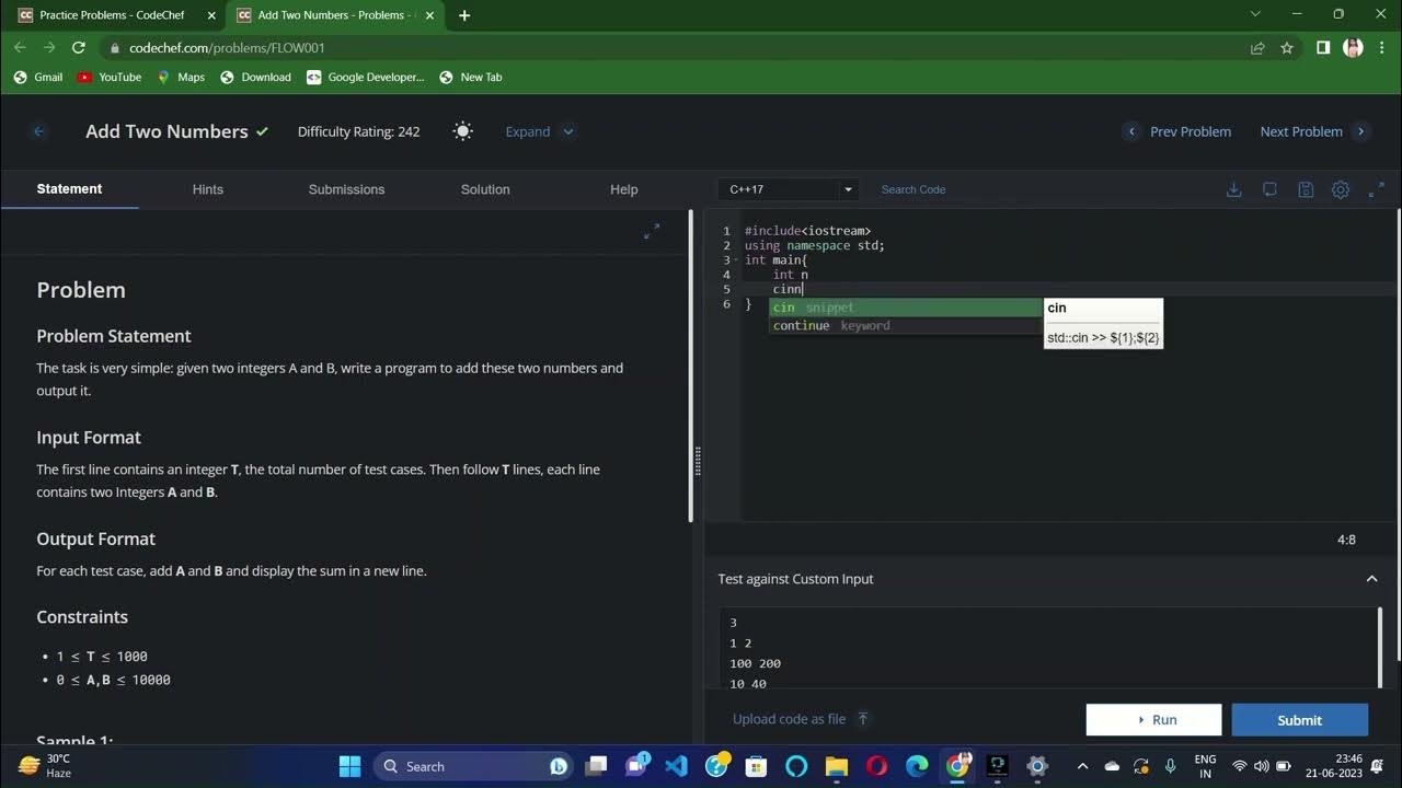 Codechef Solutions, Add two numbers, Basic programming - YouTube