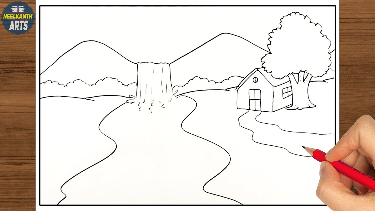 How to Draw Waterfall Scenery / Step by Step / Mountain Waterfall ...