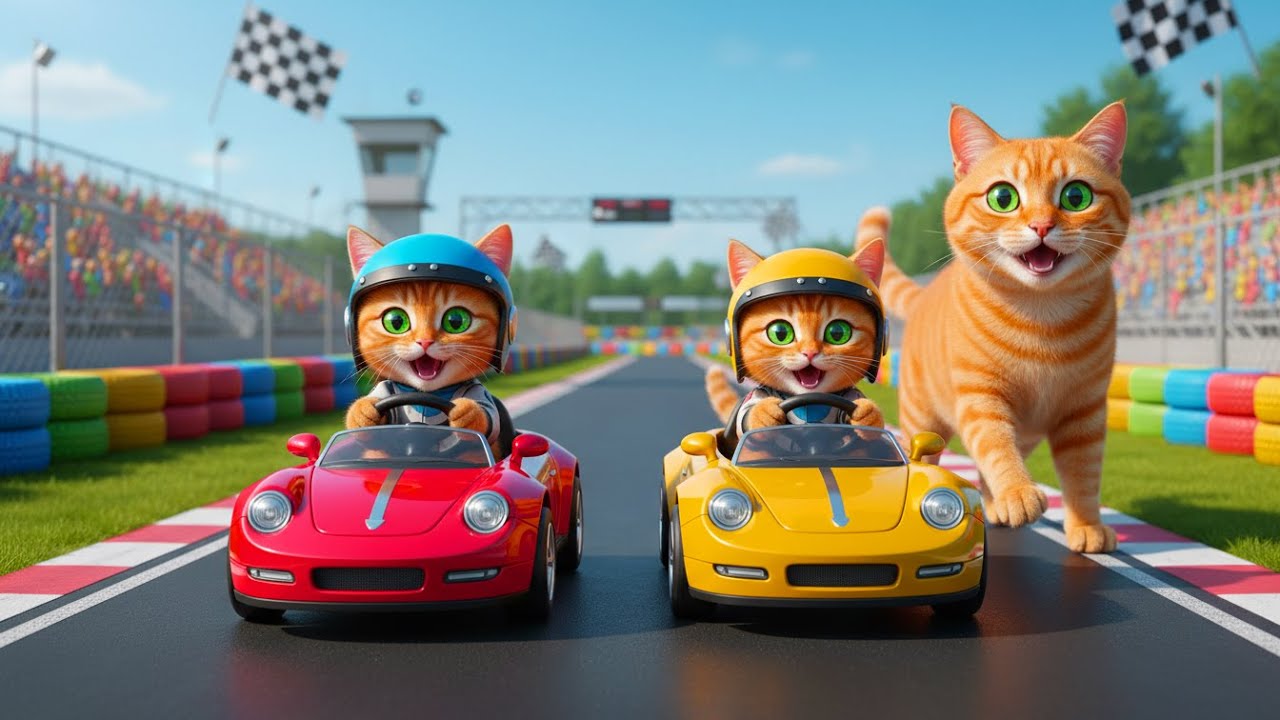 Mama Cat Takes Her Kittens to a Racing Challenge! Cute Cat Race on the ...