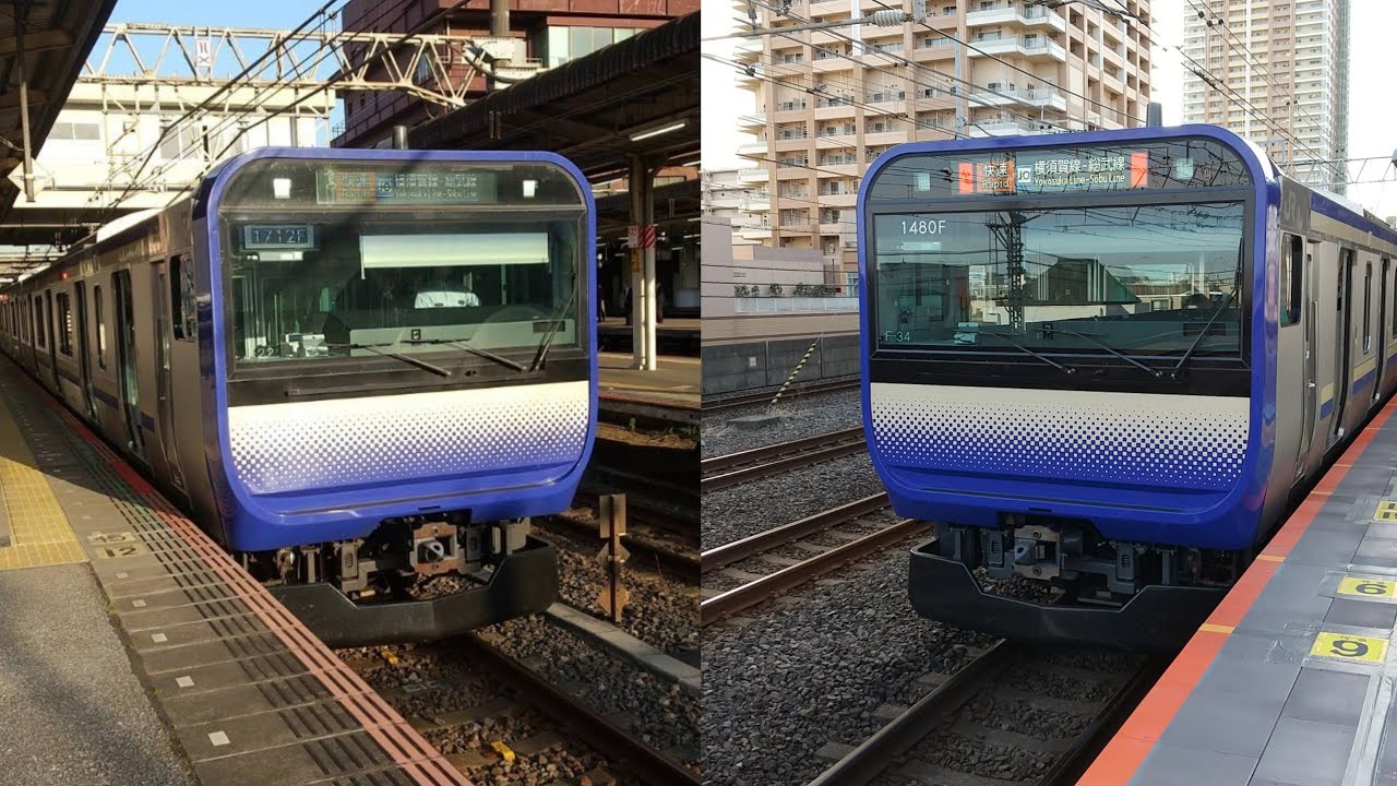 E235系1000番台J-22編成+F-34編成 快速東京行き 津田沼駅発着シーン - YouTube