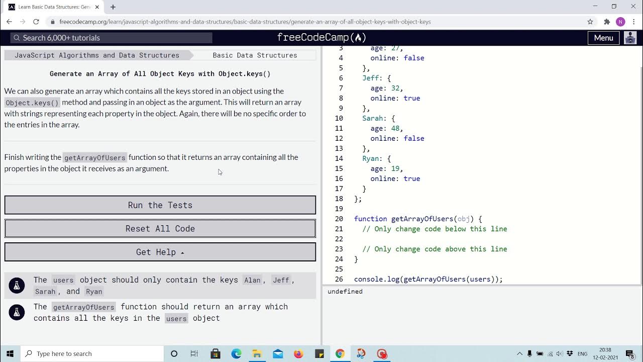 Tutorial 19 - generate an array of all object keys - freecodecamp - YouTube