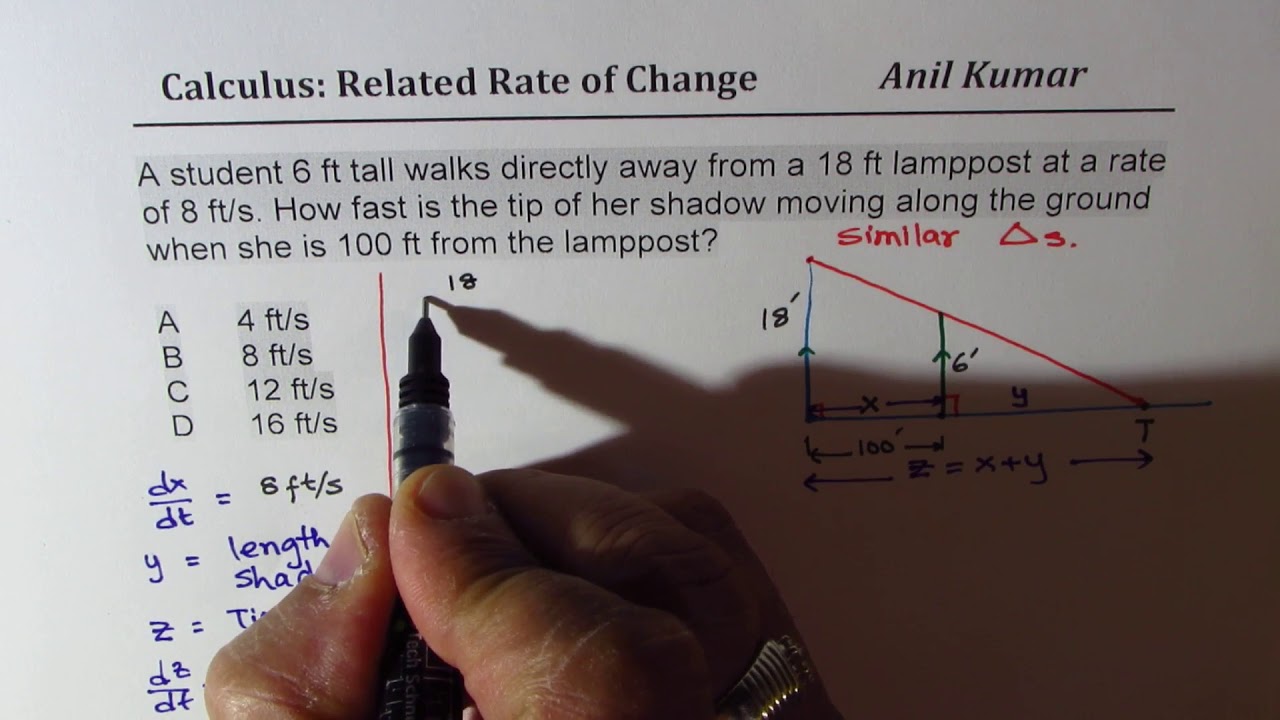 Calculus Related Rate of Change of Tip of Shadow AP IB IIT - YouTube
