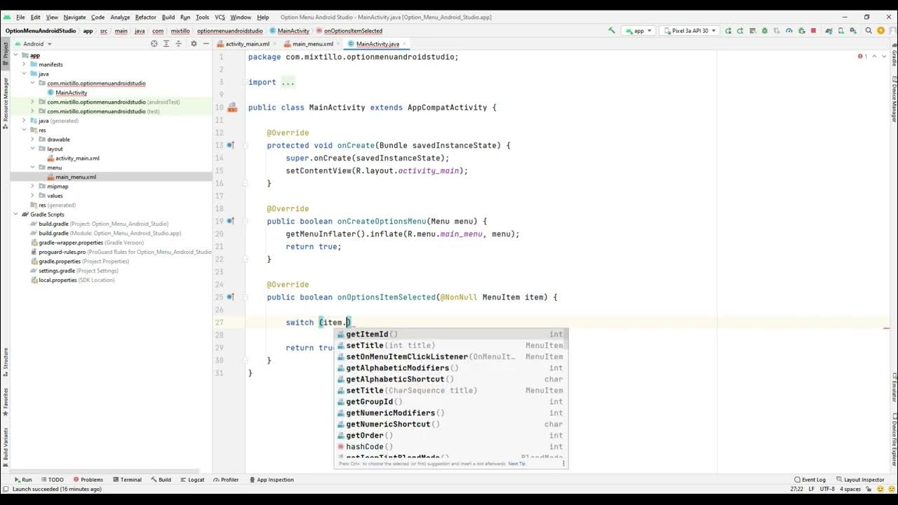 Option menu Android Studio with java - YouTube