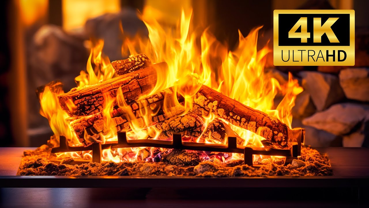 Fireplace at Night 4K 🔥 Cozy Fireplace 3 HOURS Fireplace video with ...