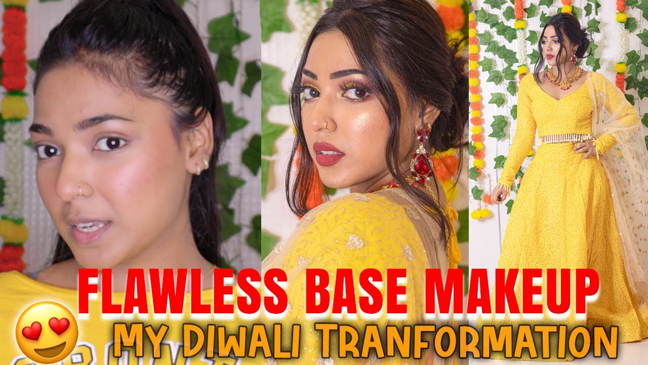 My DIWALI Transformation😍INDIAN FESTIVE Base Makeup Tutorial | Outfit, Jewellery, Hairstyle ...