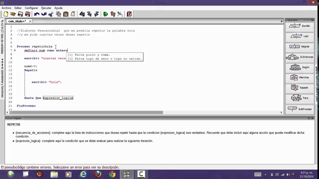 tutorial se la funcion repetir en pseint - YouTube