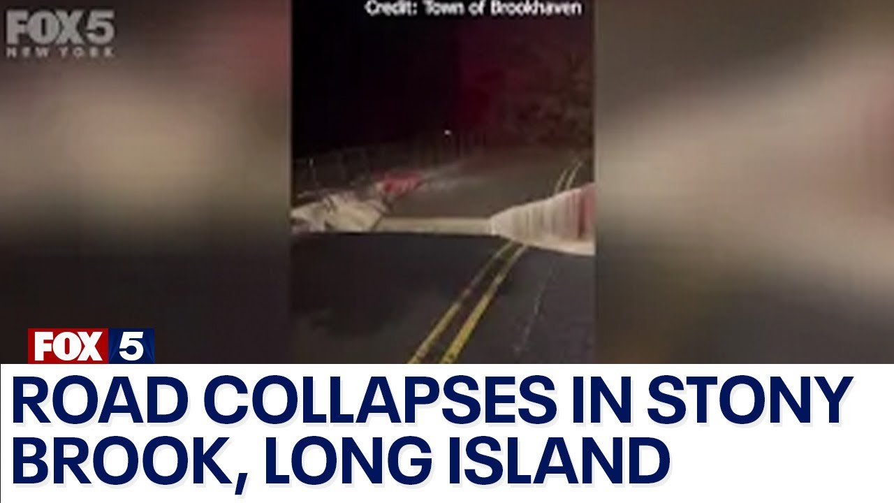 Road collapses in Stony Brook, Long Island, during flooding - YouTube