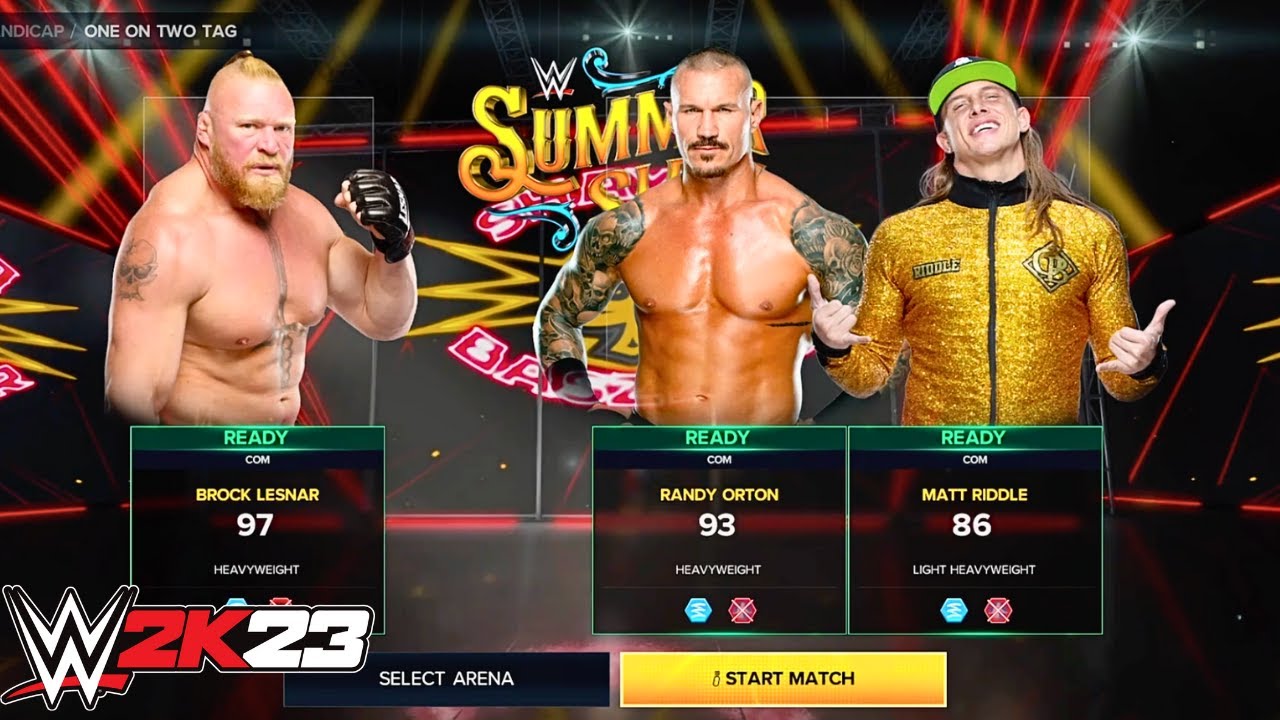 2 on 1 Handicap Brock Lesnar vs RK-BRO Randy Orton Matt Riddle Handicap ...