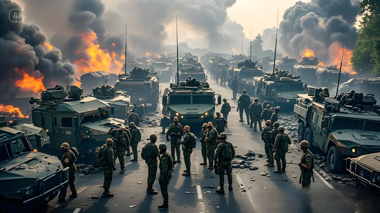 From behind a hill 120 US ammunition trucks and 2000 Ukrainian troops ...