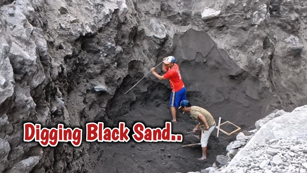 Hard Work..!! digging black sand under the cliff - YouTube