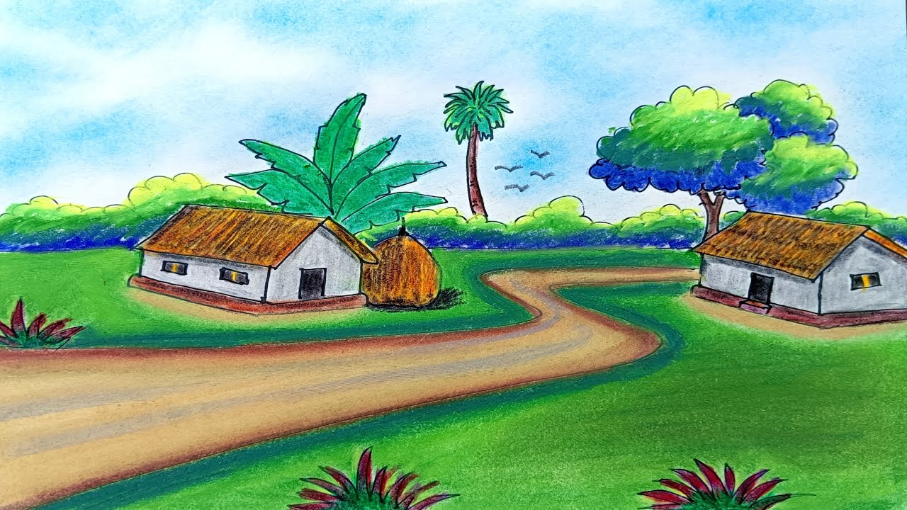 Easy rural landscape drawing ideas for novice || interior design - YouTube
