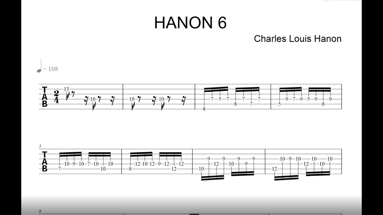 ギターでハノン 6番 TAB譜 HANON No.6 Guitar practice Tablature exercise ♩＝108 BPM ...
