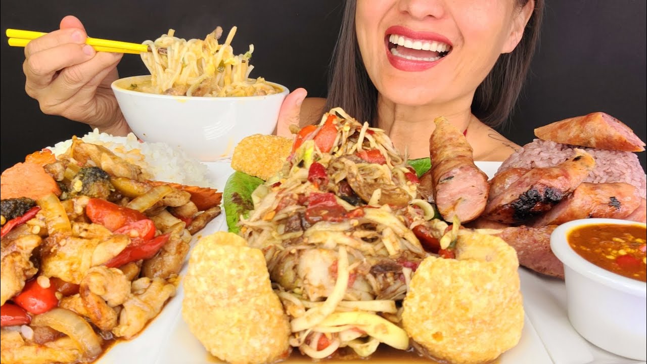 PAPAYA TERIYAKI CHICKEN HMONG SAUSAGE KAPOON NOODLES ASMR MUKBANG OMAD ...