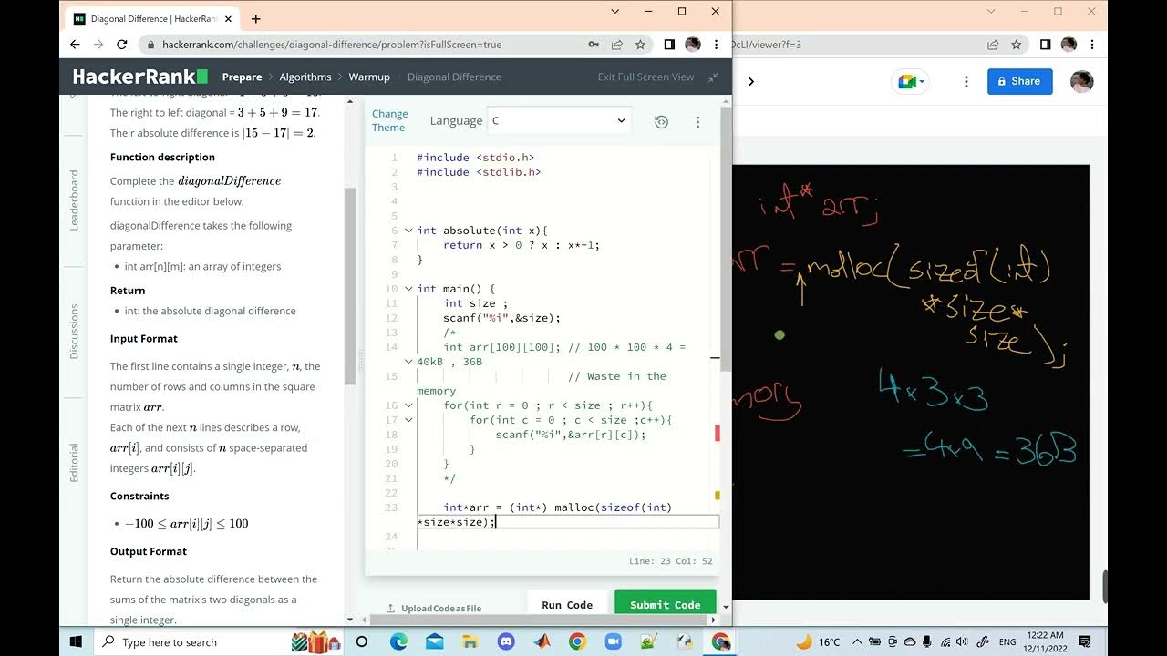 Diagonal Difference [Hacker Rank] Dynamic Allocation in C . - YouTube