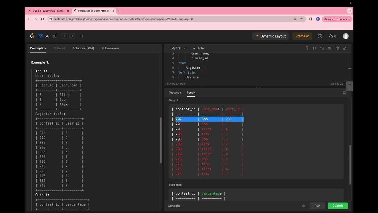 Leetcode Sql 50 1633 Percentage Of Users Attended A Contest Solution Youtube