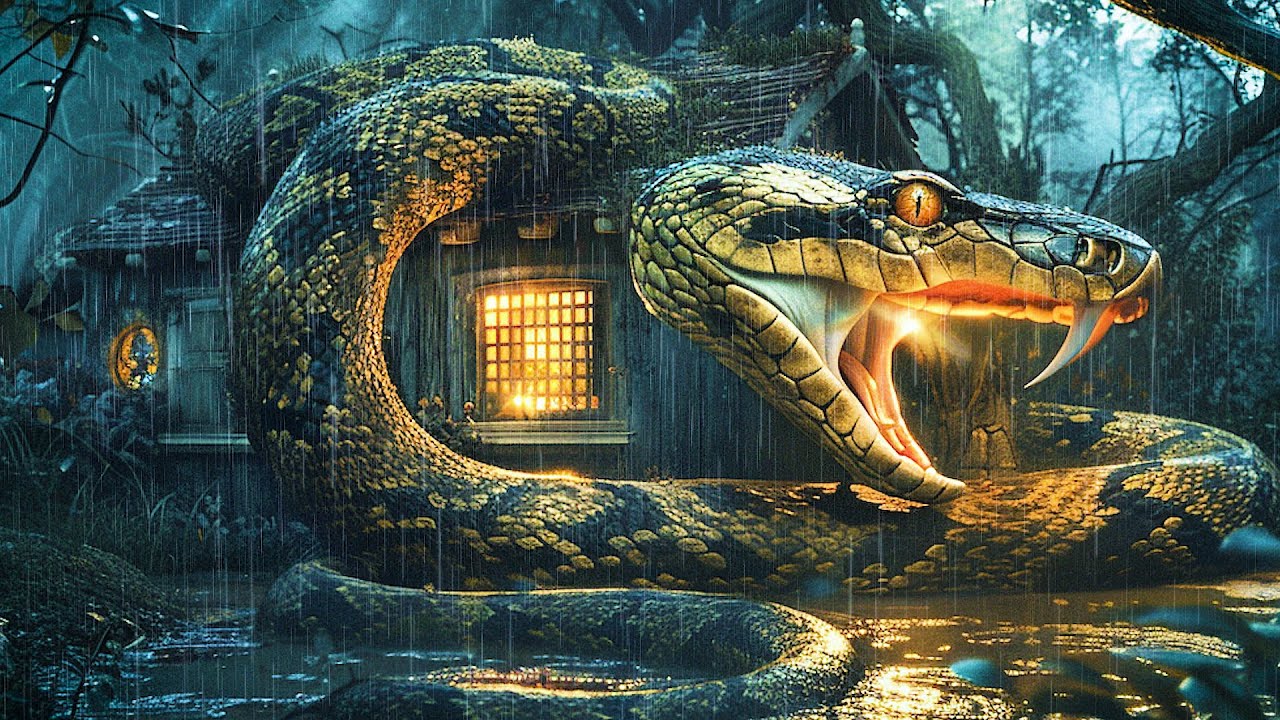 giant snake in the rain forest is soaked in the rain, the sound of ...