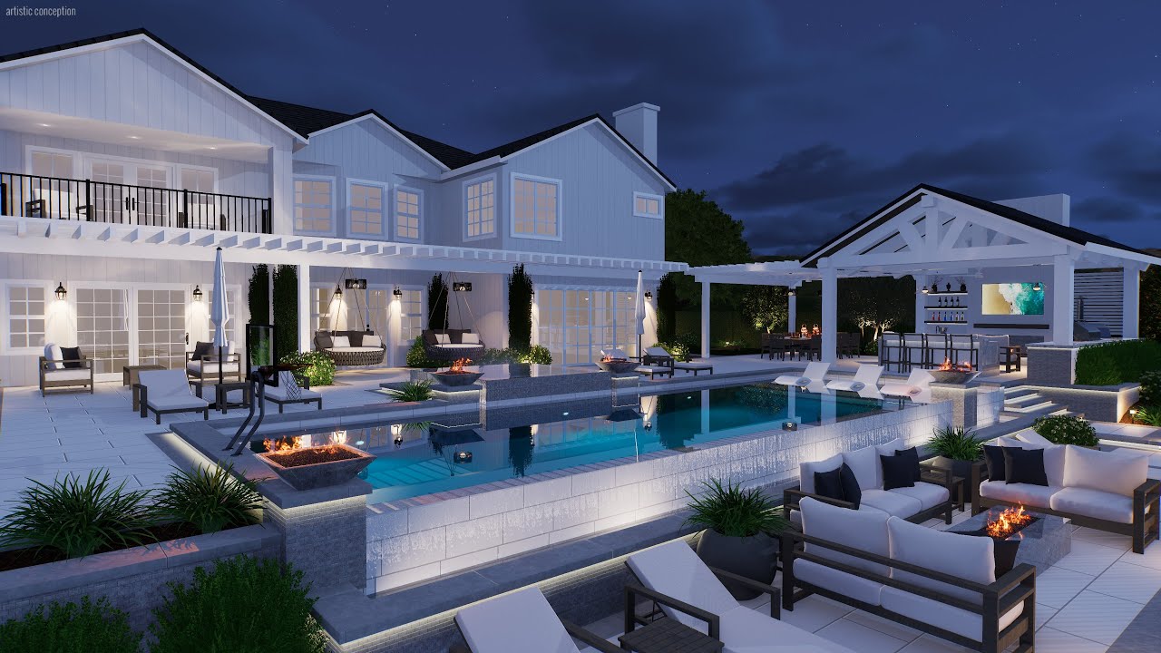 Luxury Infinity Pool - Classy Traditional Style Yard - 3D Landscape ...