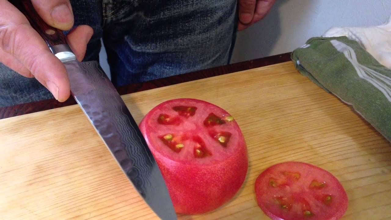 Rebana tomate fino - Cuchillo Japones Shogun Damascus 1124 - YouTube