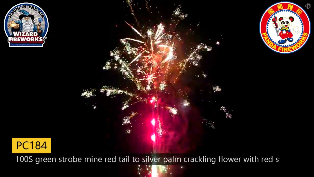 1.3G FIREWORKS: PC184 - 100S Green Strobe Mine Red Tail Silver Palm Crackling Flower W/Strobe ...