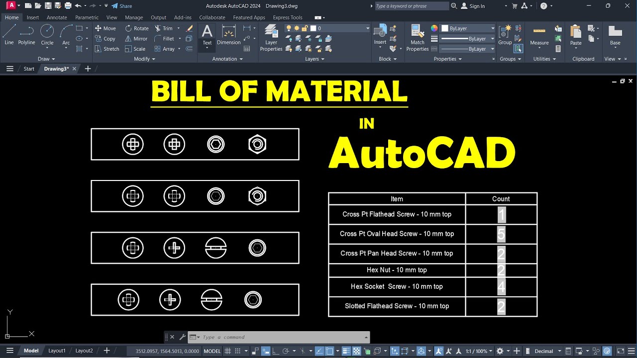 BOM (BILL OF MATERIAL) IN AUTOCAD - YouTube