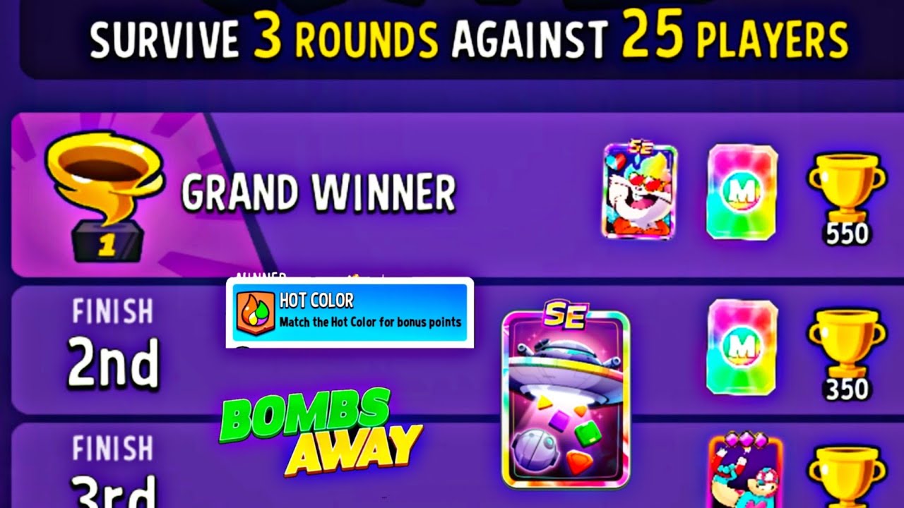 hot color bombs away Match rumble 25 players 3 round grand winners ...