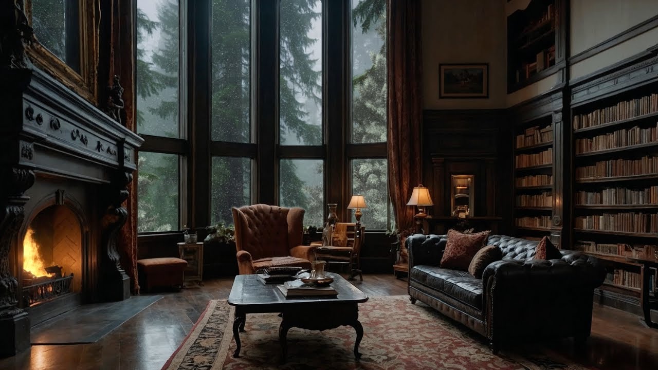 Dark Library Ambience ASMR Rain Sounds & Fireplace NO Mid Roll Ads ...