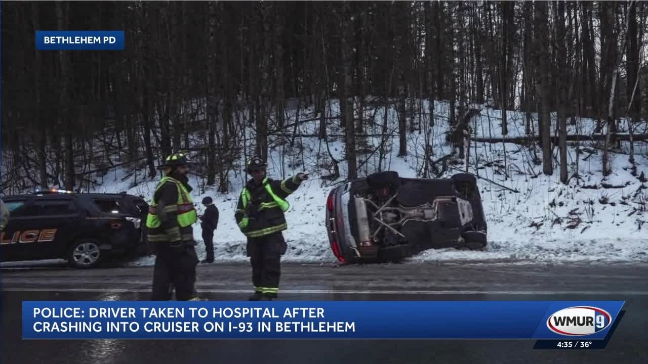 Driver taken to hospital after crashing into police cruiser on I-93 in ...