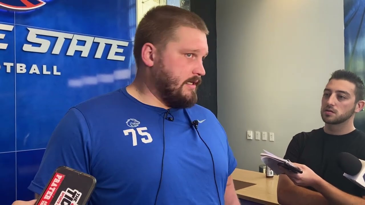 Boise State offensive lineman Will Farrar speaks to the media to ...