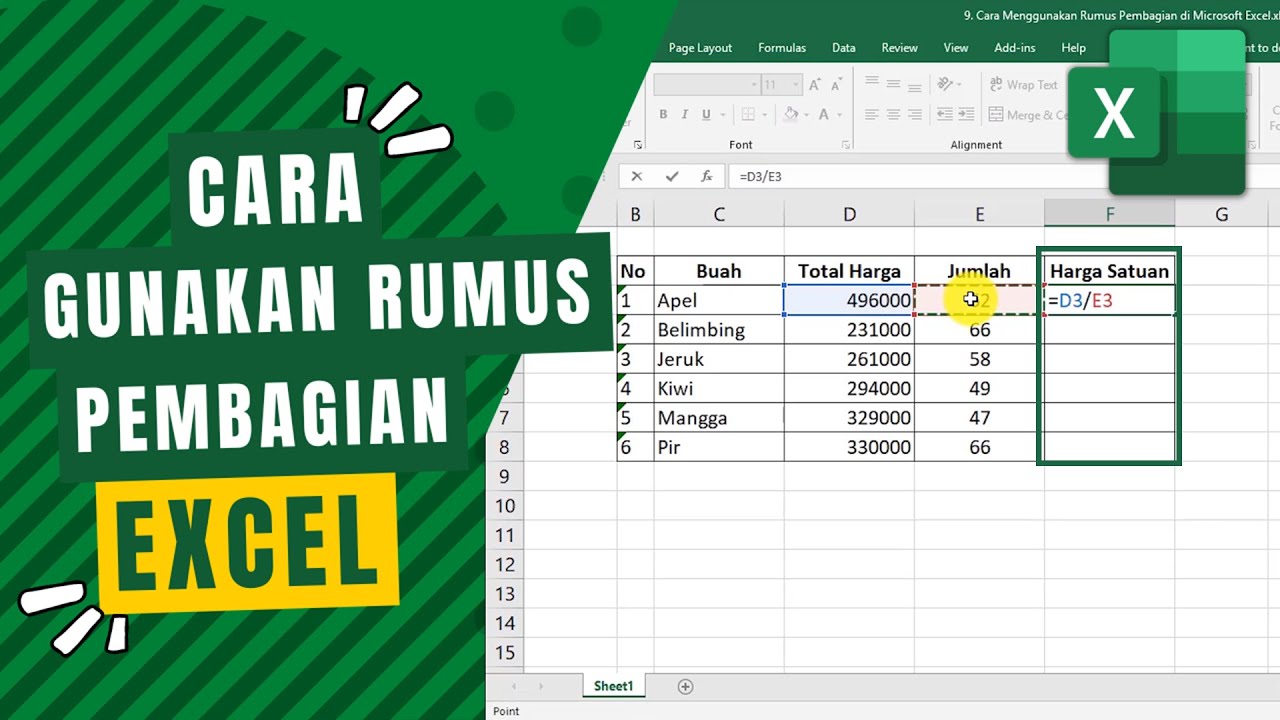 Cara Menggunakan Rumus Pembagian di Microsoft Excel - YouTube