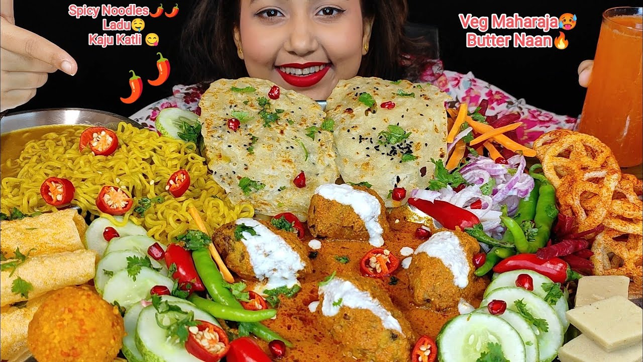 UNCUT MUKBANG‼️😉Eating Veg Maharaja🥵Butter Naan🔥Spicy Noodles🌶🌶Ladu🤤 ...