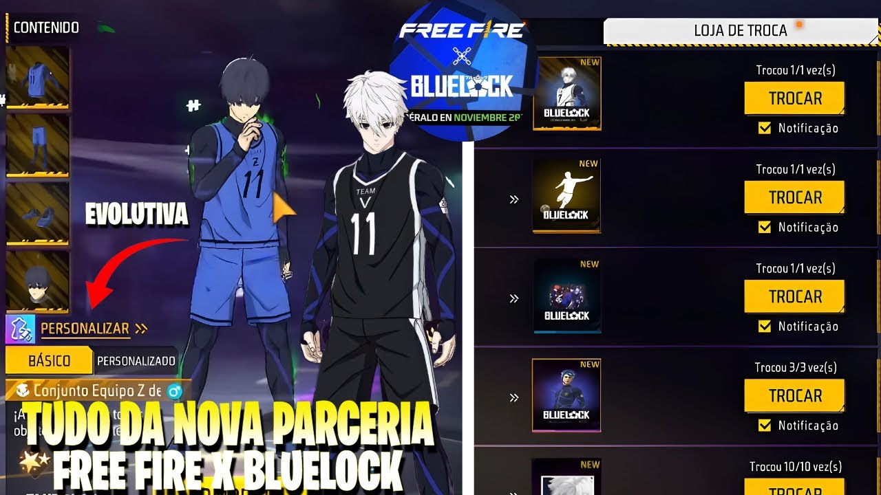 TUDO DA NOVA PARCERIA FREE FIRE X BLUELOCK! CONFIRA TODAS AS SKINS E ...