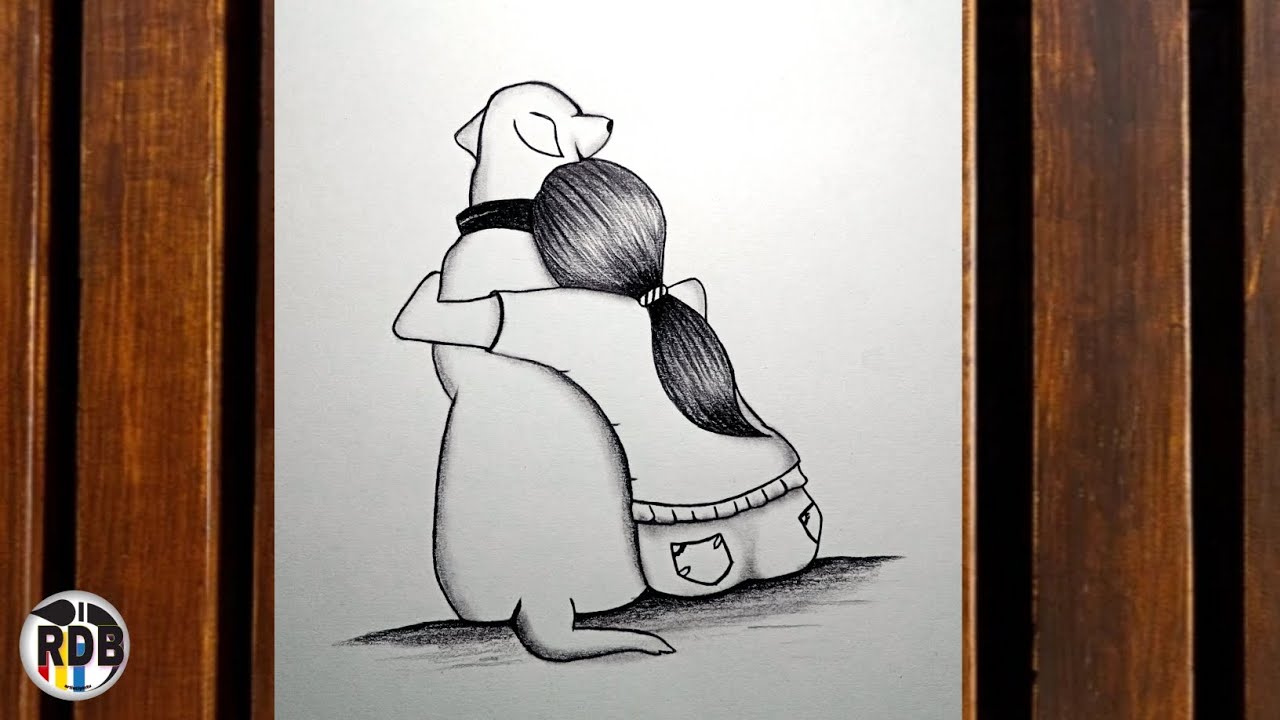 Drawing of a Girl Hugging a Dog, || How to Draw a Sitting Girl and a ...