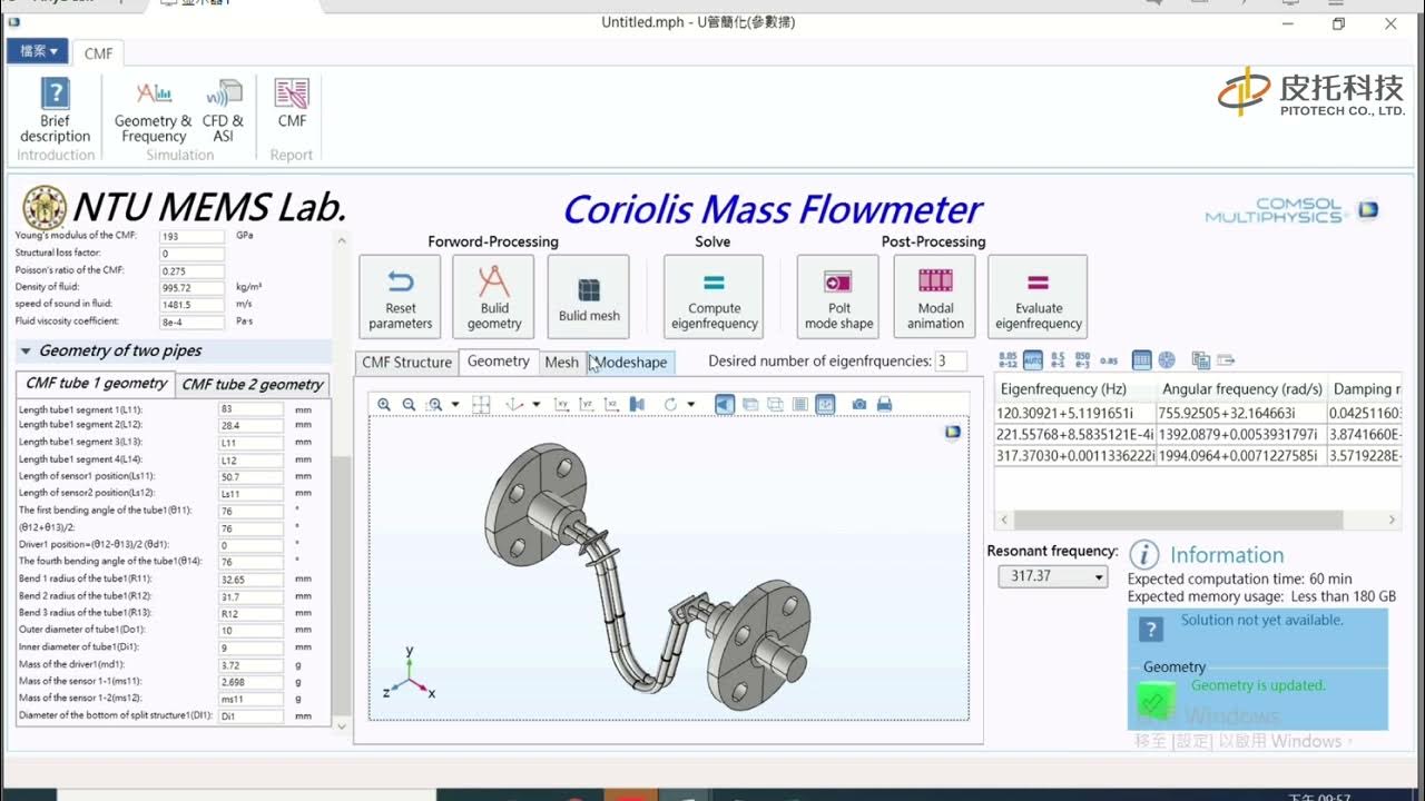 【2020 COMSOL APP 競賽 第二名】國立台灣大學 The Multi Physics Simulation of Dual U Tube Coriolis Mass ...