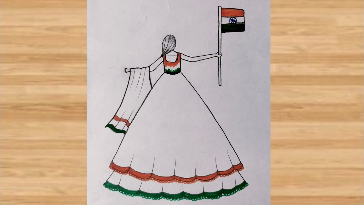 Independence Day Drawing Easy Step | Girl Holding Flag Drawing Easy ...