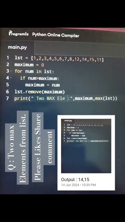 Max Two Elements From List Shorts Short Trending Trend Viral Reels Python Pythontutorial