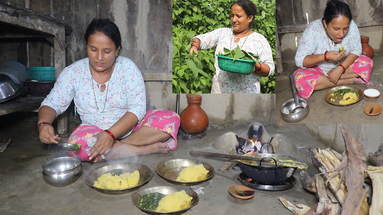 Nepali Village Food DHIDO And Green Vegetable Cooking & Eating ...