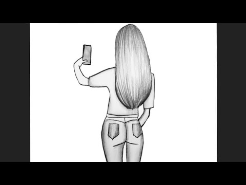 Kolay Karakalem Arkası Dönük Kız Çizimi, Arkası Dönük Selfie Çeken Kız Resmi Adım Adım Nasıl Çizilir