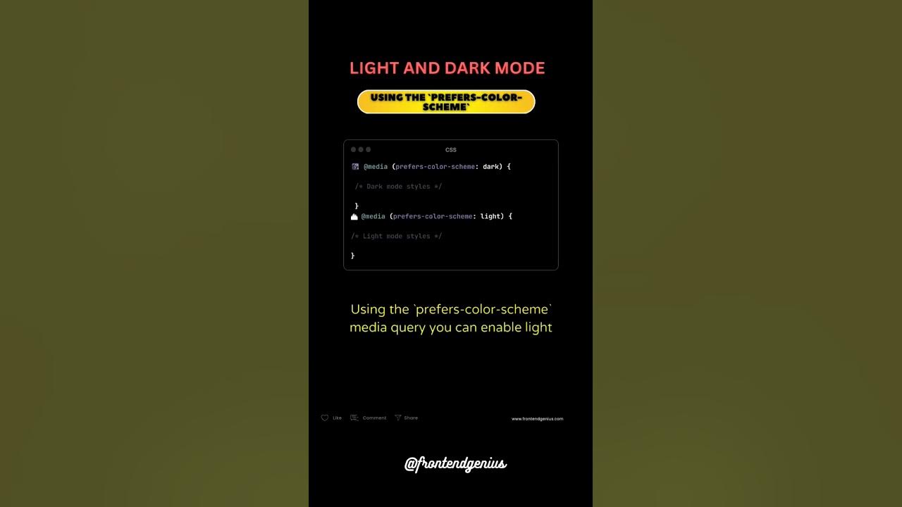 Css Dark Mode In 1 Minute Light And Dark Mode In Html And Css Css Html Javascript Reactjs