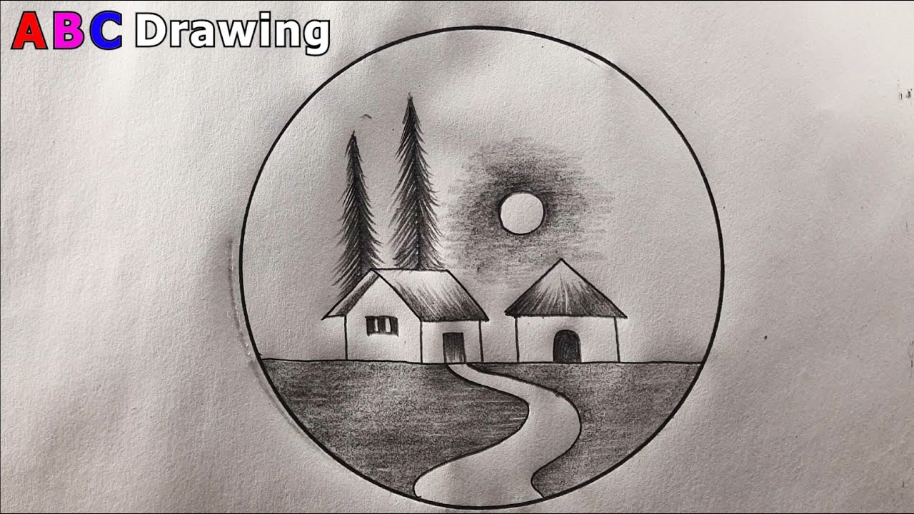 House Scenery Drawing In a Circle | Beautiful Drawing And Pencil Sketch ...