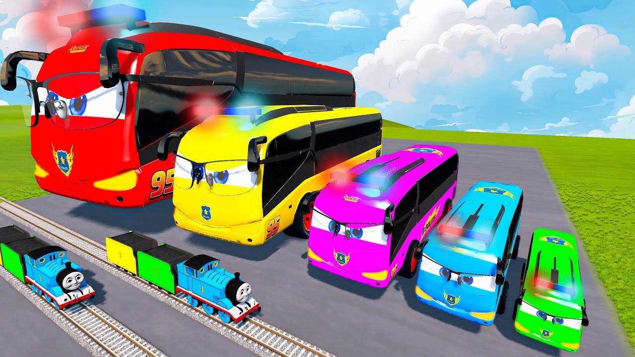 Big & Small Long Police Buses Spiderman vs Train Thomas | BeamNG.Drive ...