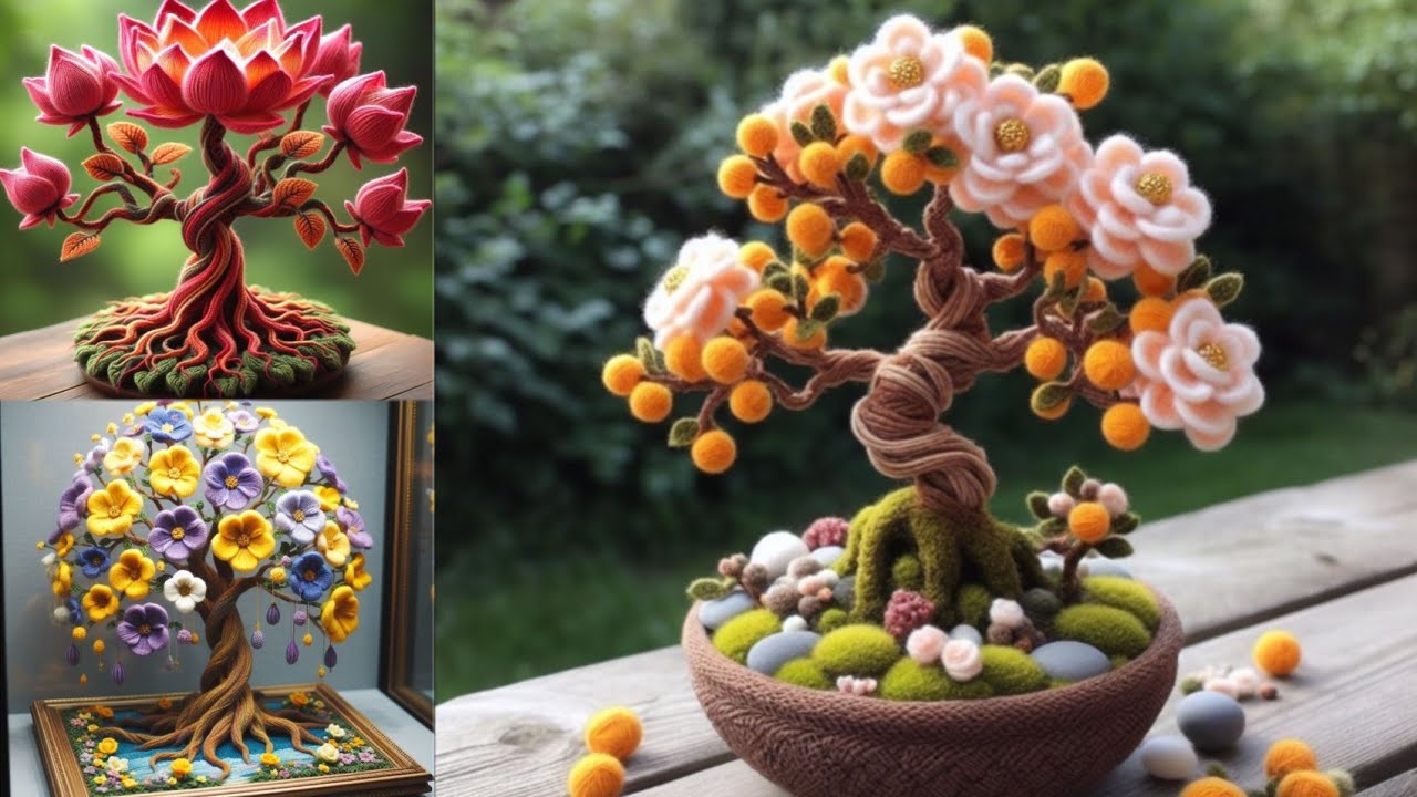 Beautiful flower tree knitted with wool - YouTube