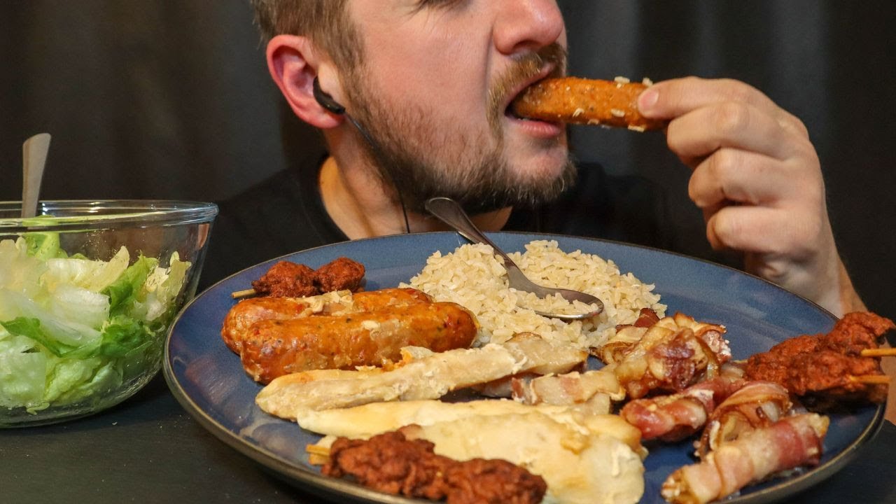 ASMR Eating MEAT PLATE | PORK SAUSAGES , CHICKEN BREAST , SMOKED BACON ...