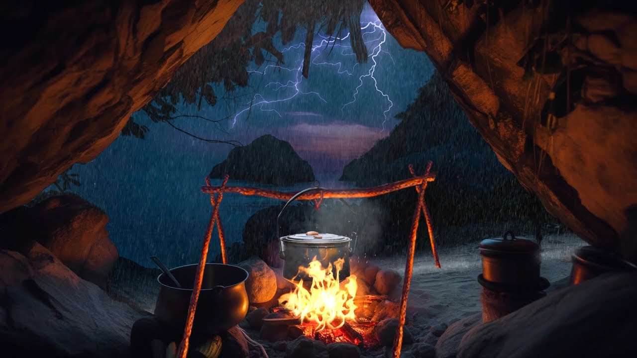 Hiding from Rain and Thunderstorm in Cave Fireplace Sounds | Cooking ...