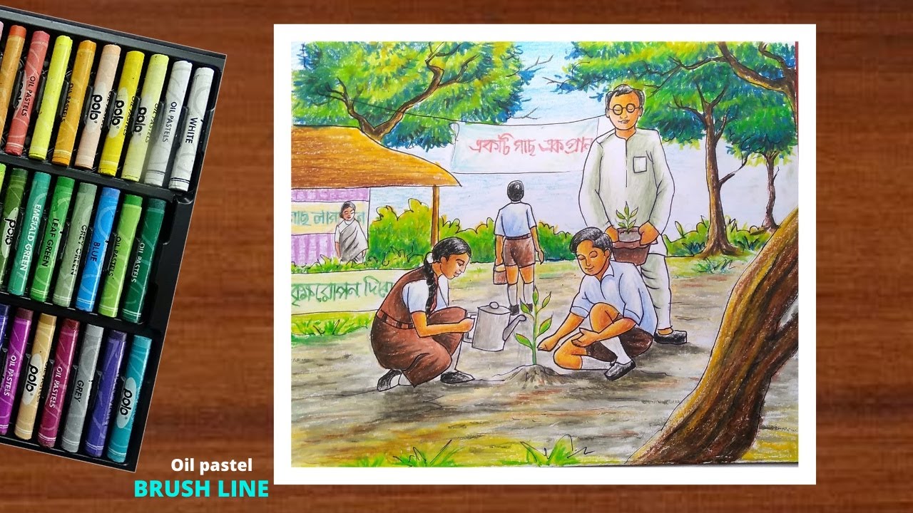 Tree plantation drawing. how to draw scenery of tree plantation ...