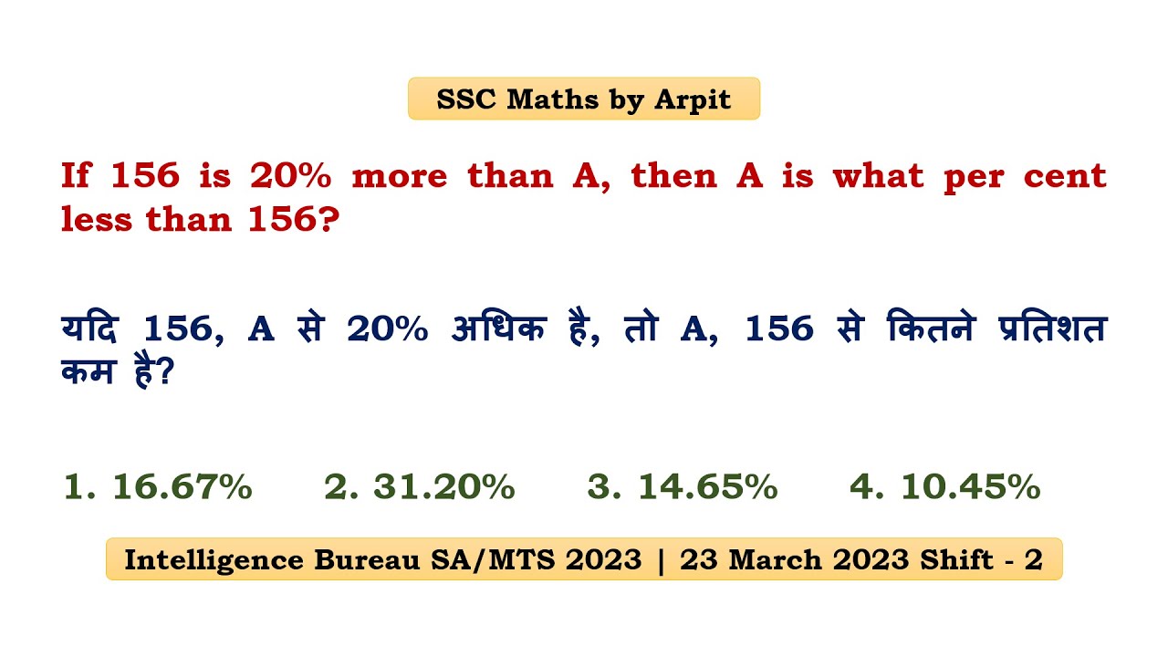If 156 is 20% more than A, then A is what per cent less than 156? - YouTube